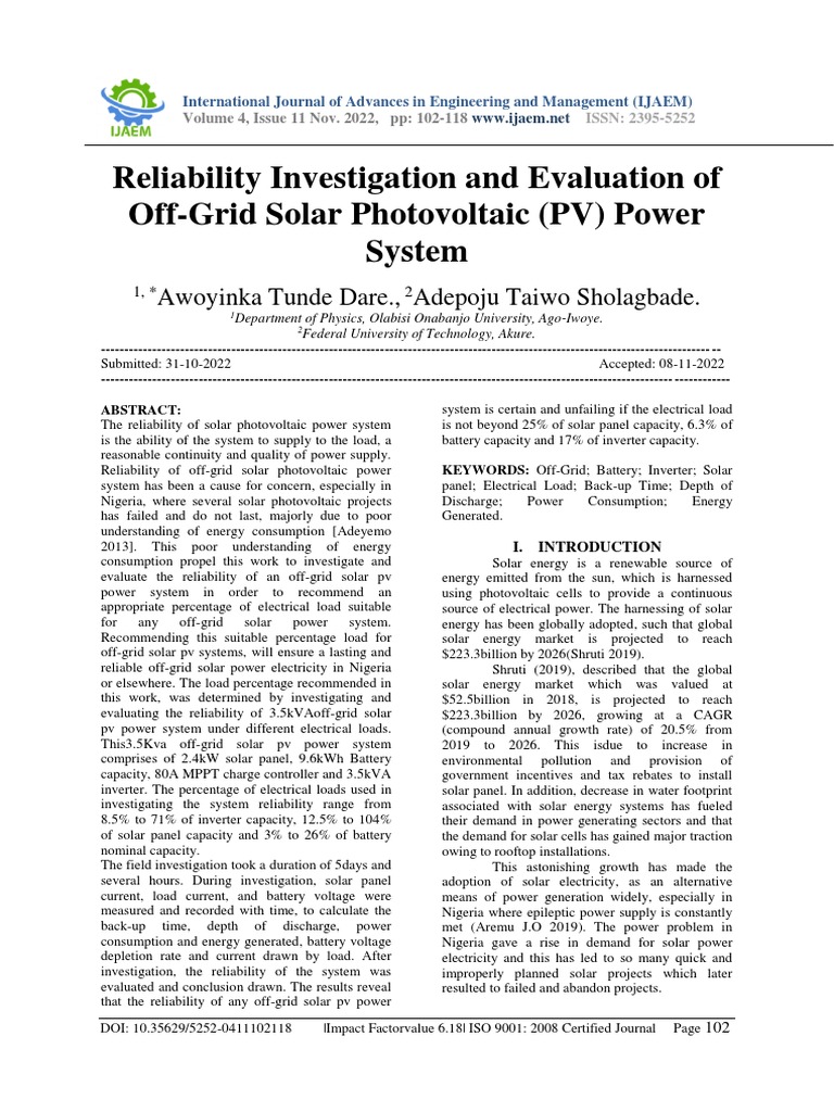 Reliability Investigation and Evaluation of Off-Grid Solar Photovoltaic ...