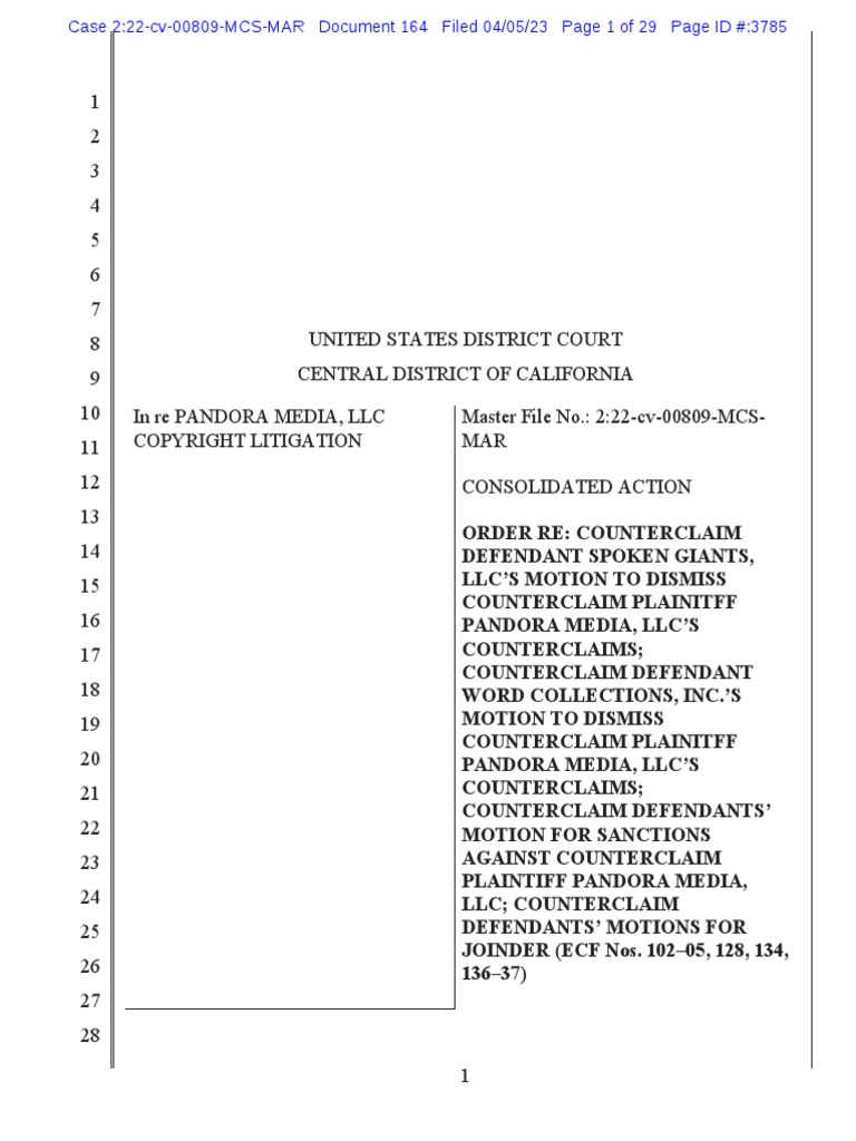 In Re: Pandora Media Copyright Litigation | PDF | Bell Atlantic Corp. V ...