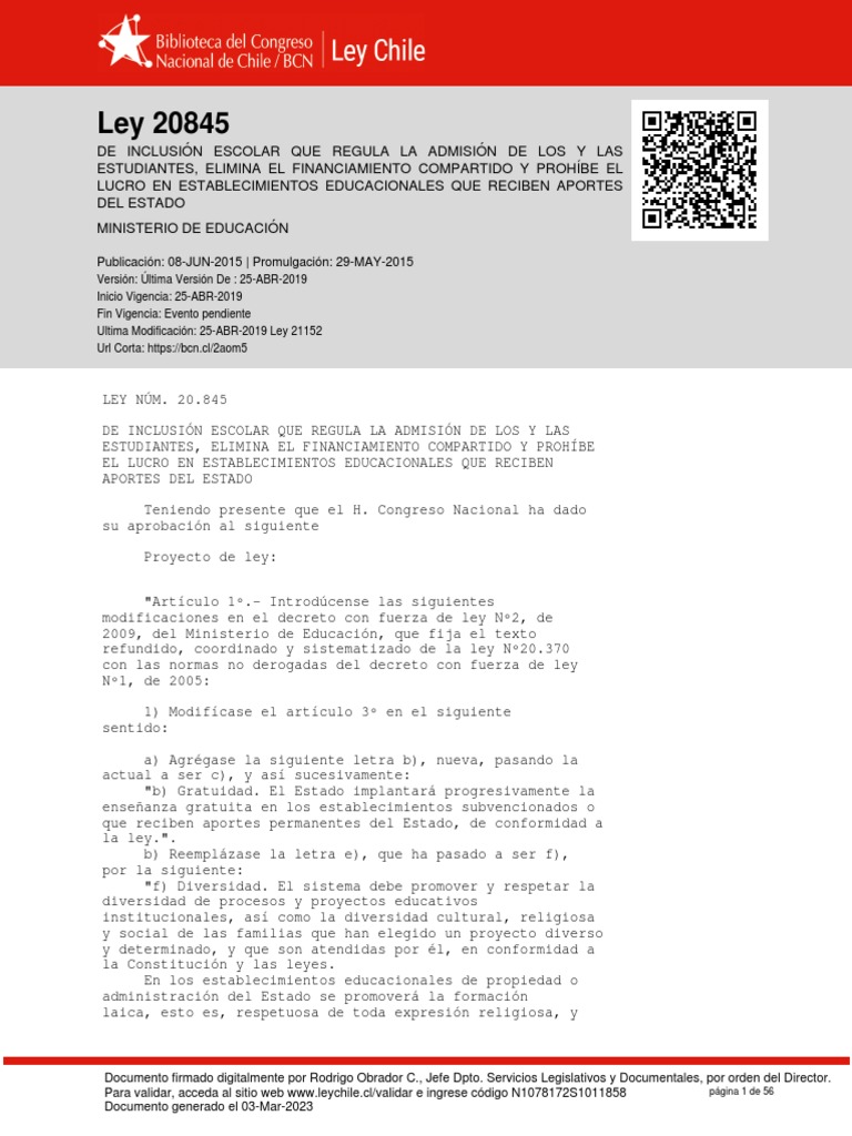 Ley-20845_08-JUN-2015 | PDF | Inclusión (Educación) | Parentesco
