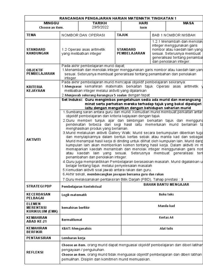 Operasi Asas Aritmetik Yang Melibatkan Integer | PDF