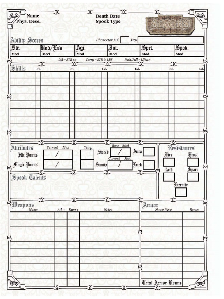 Spooks! Welcome To The Great Beyond - Character Sheet - WKWXSV | PDF