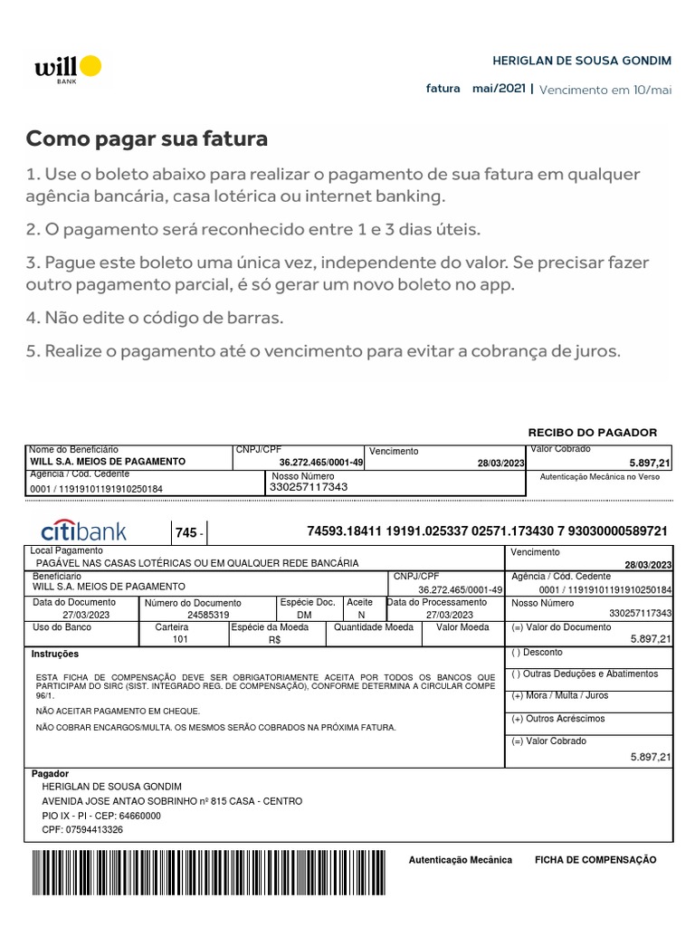 Boleto Fatura | PDF | Bancos | Pagamentos