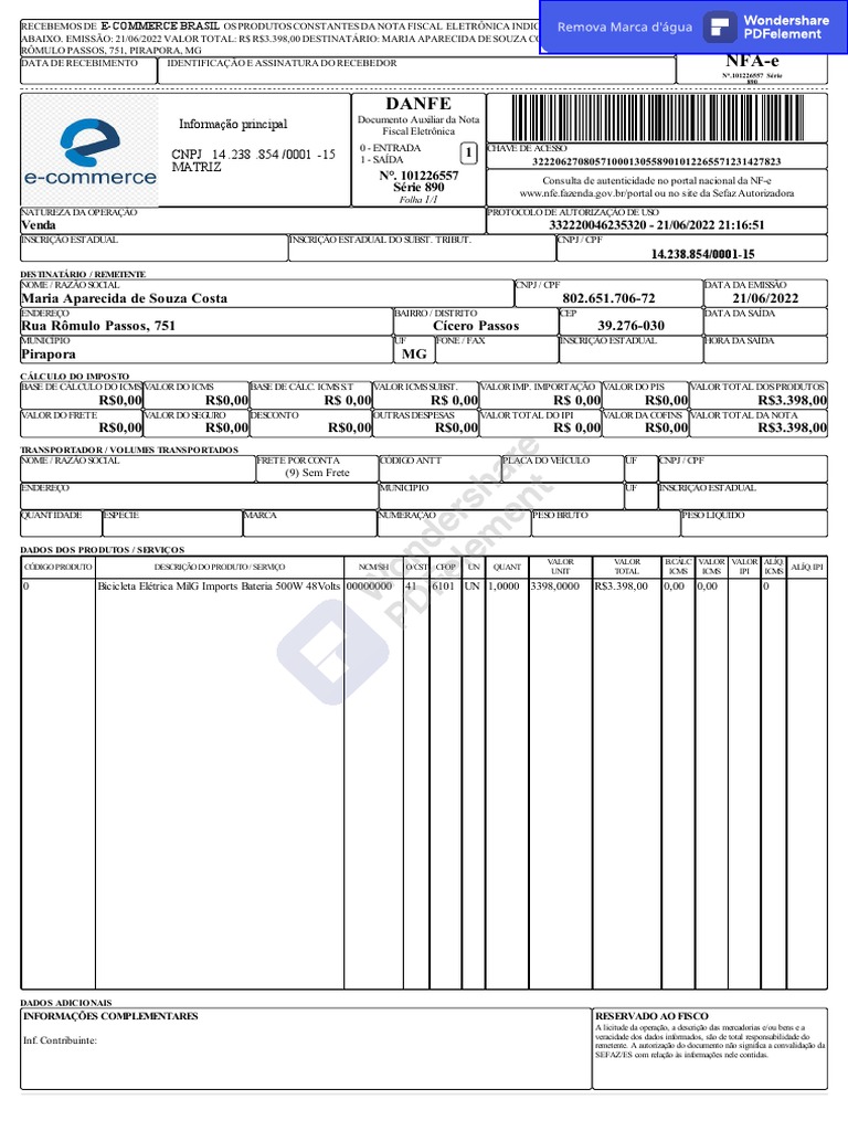 NFA-e Danfe: N°.101226557 Série 890 | PDF | Recibo