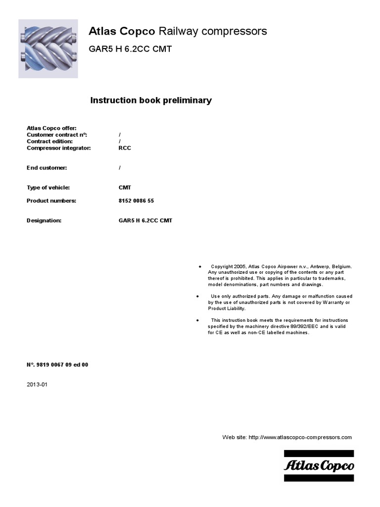 9819 0067 09 Instruction Book Compressor GAR 5 H | PDF | Valve | Switch