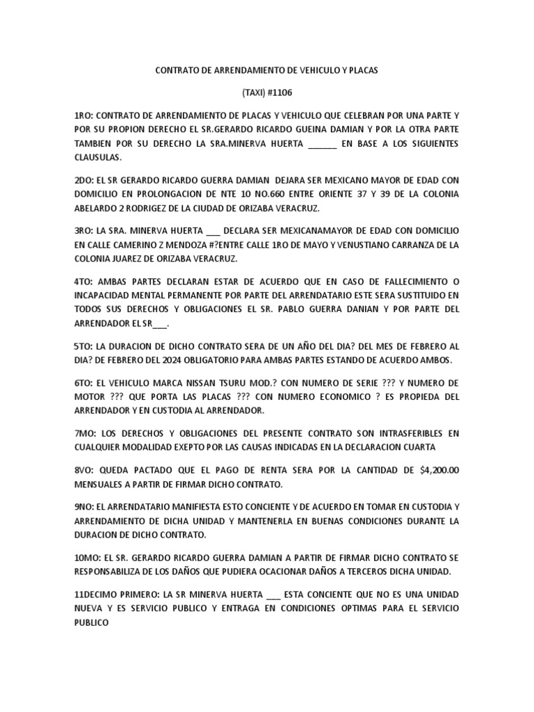 Contrato de Arrendamiento de Vehiculo y Placas | PDF