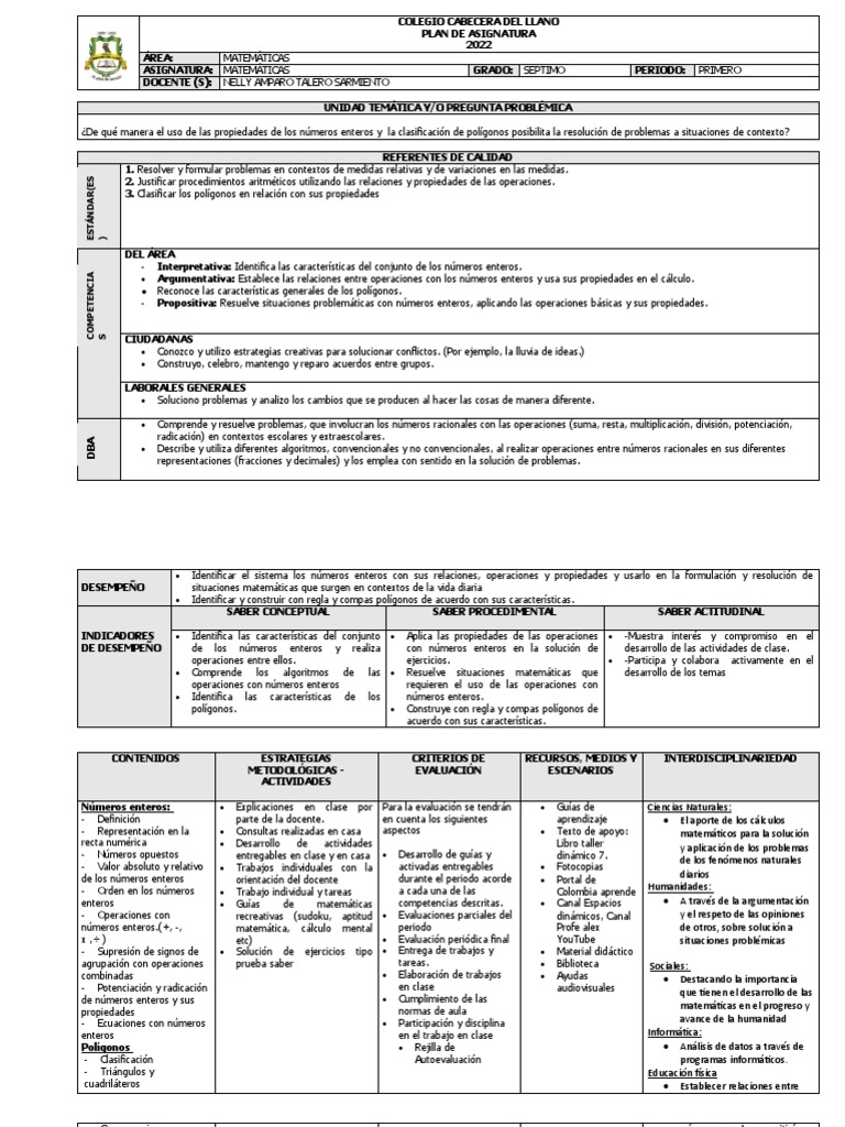 Plan de Matemáticas Séptimo 2022 | PDF | Números | Evaluación