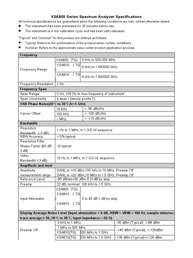 XSA800 Series Spectrum Analyzer Specifications | PDF | Hertz | Decibel
