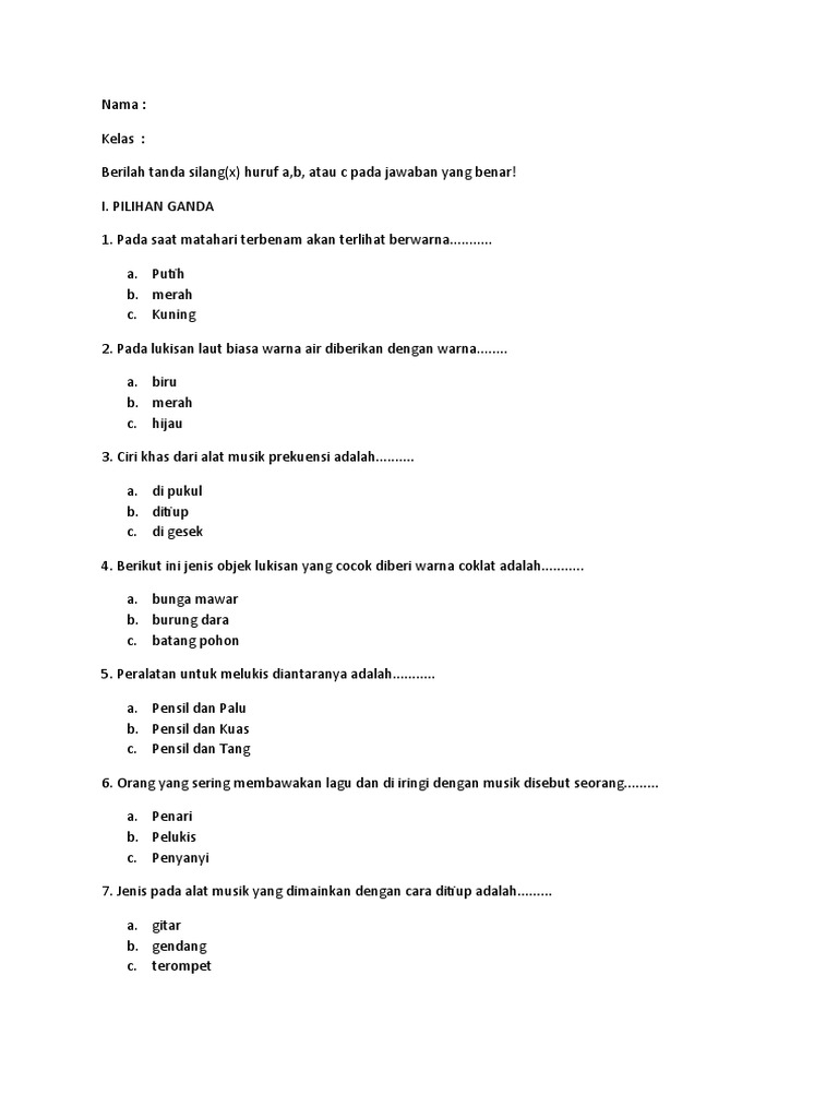 Soal Pelajaran SBK Kelas 2 Semester 2 | PDF