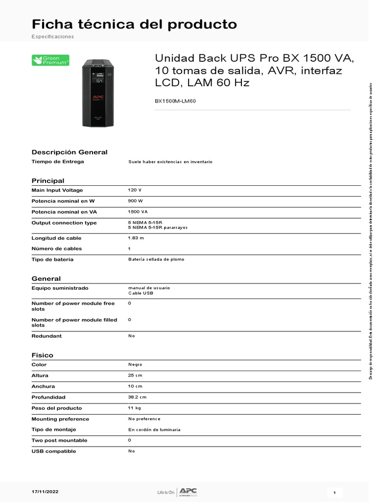 UPS Pro BX1500M-LM60: Especificaciones | PDF | Electrónica | Ingenieria Eléctrica