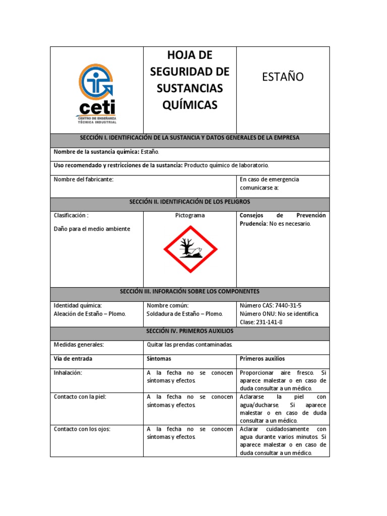 Hoja de Seguridad de Sustancias Químicas: Estaño | Descargar gratis PDF | Química | Ciencias fisicas
