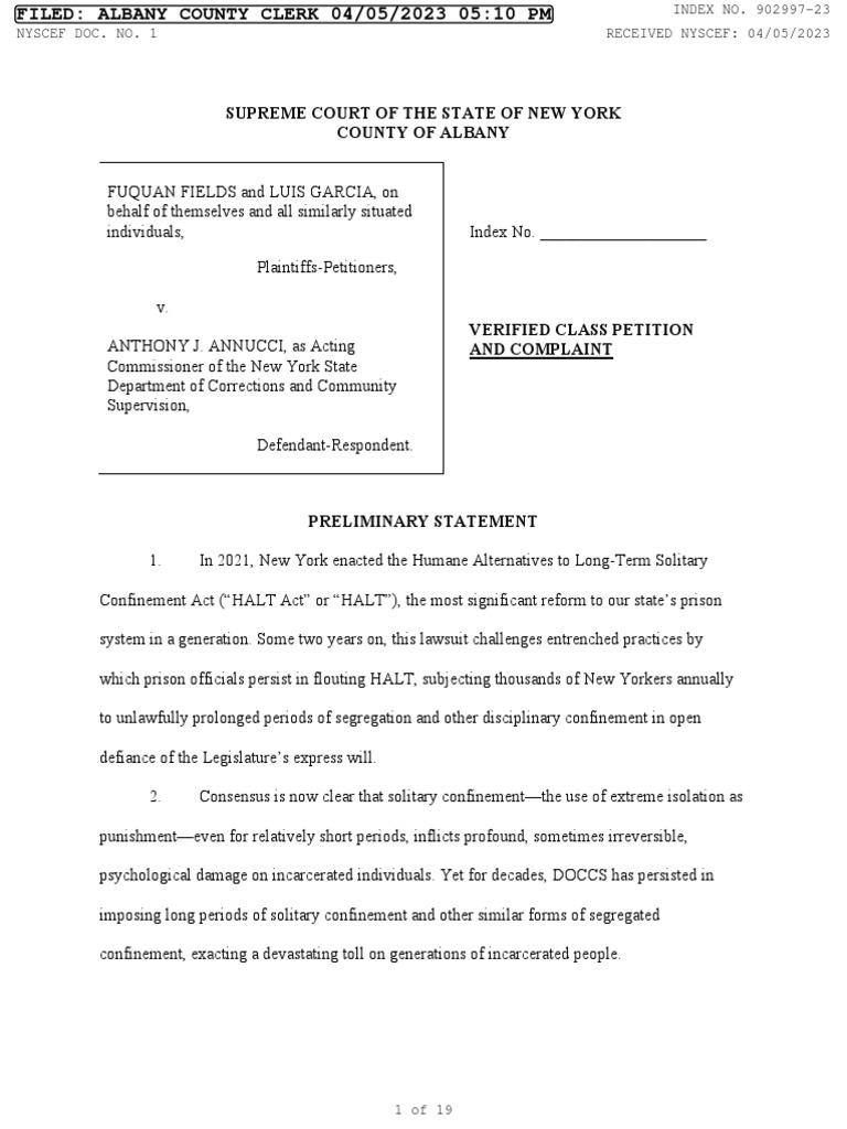Fieldsvannucci Petition | PDF | Solitary Confinement | Class Action
