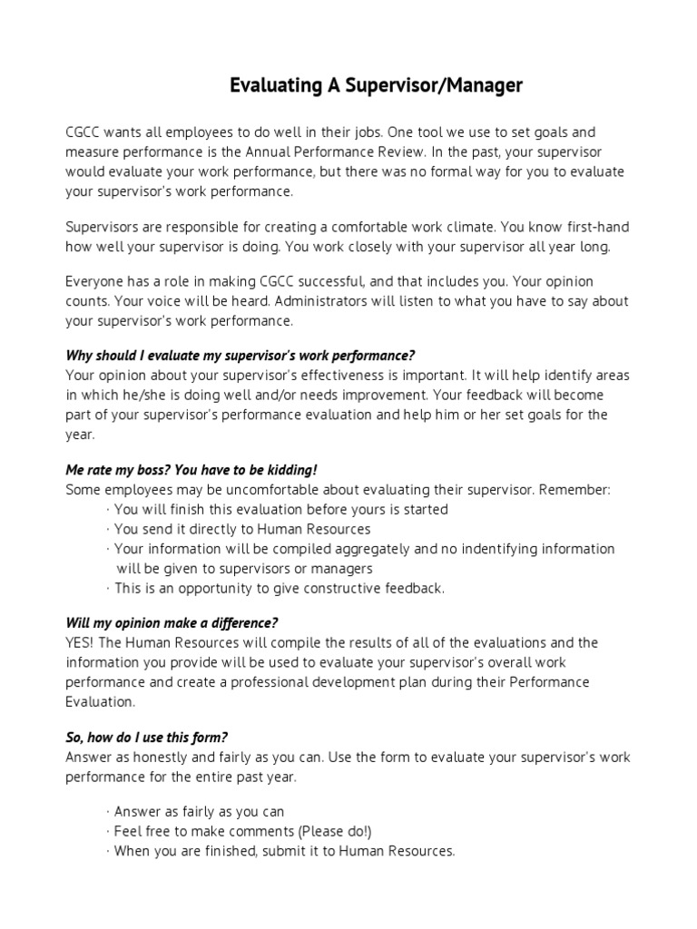 Evaluating A Supervisor - Manager | PDF | Performance Appraisal | Human ...