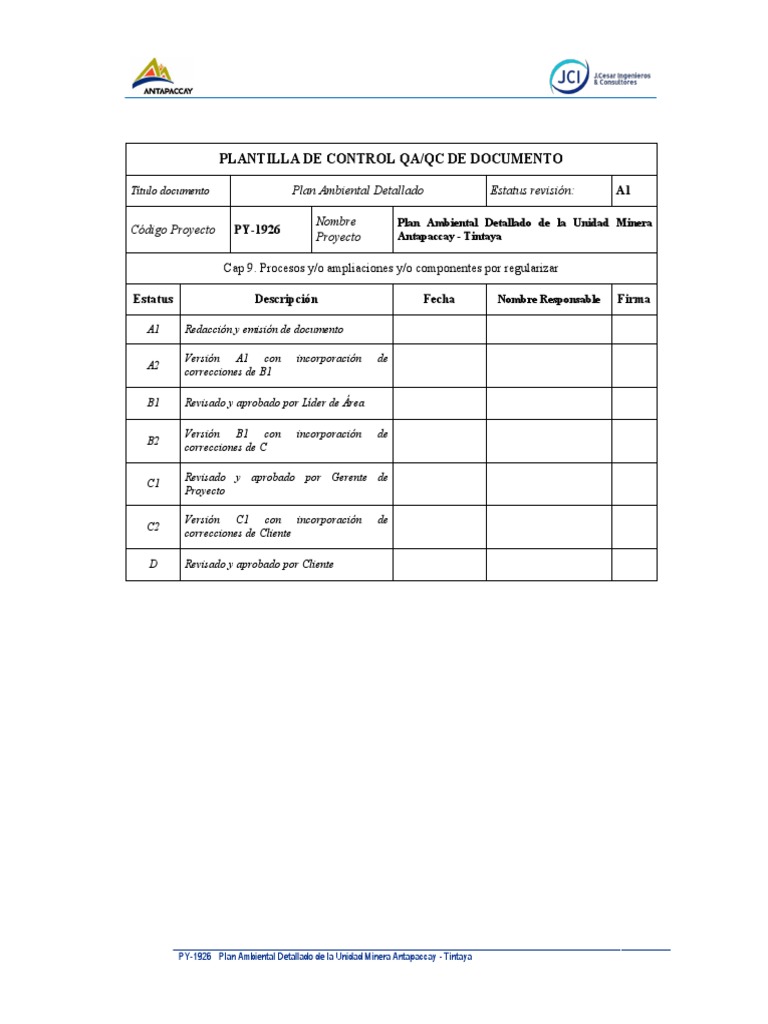 Plantilla de Control Qa/Qc de Documento: Plan Ambiental Detallado Estatus Revisión: Código ...