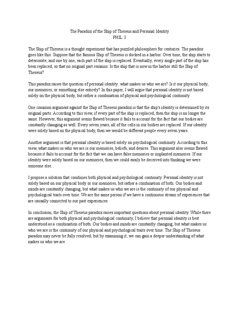 The Paradox of The Ship of Theseus and Personal Identity | PDF ...