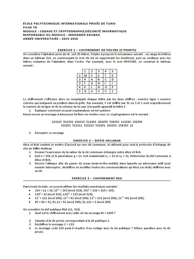 TD: Codage, Cryptographie et Sécurité | PDF | Public-key cryptography | Cryptage