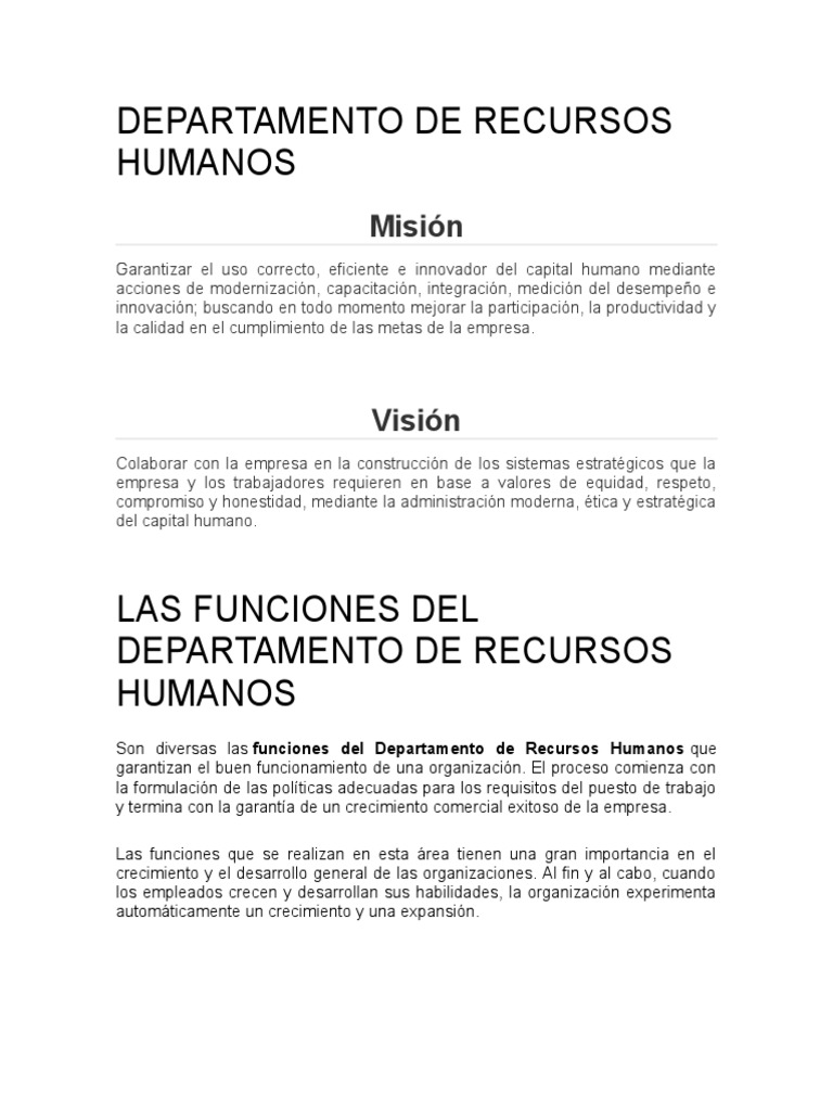 Funciones Del Departamento de Recursos Humanos | PDF | Gestión de recursos humanos | Reclutamiento