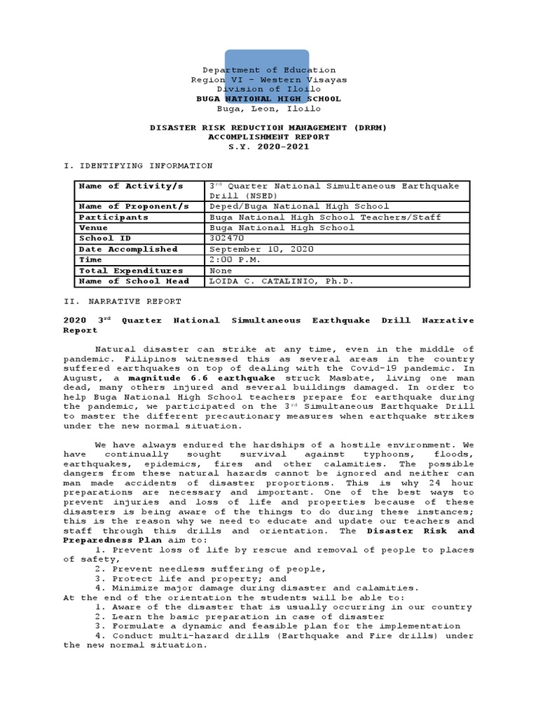 Accomplishment Report DRRM | PDF | Emergency Evacuation | Emergency ...