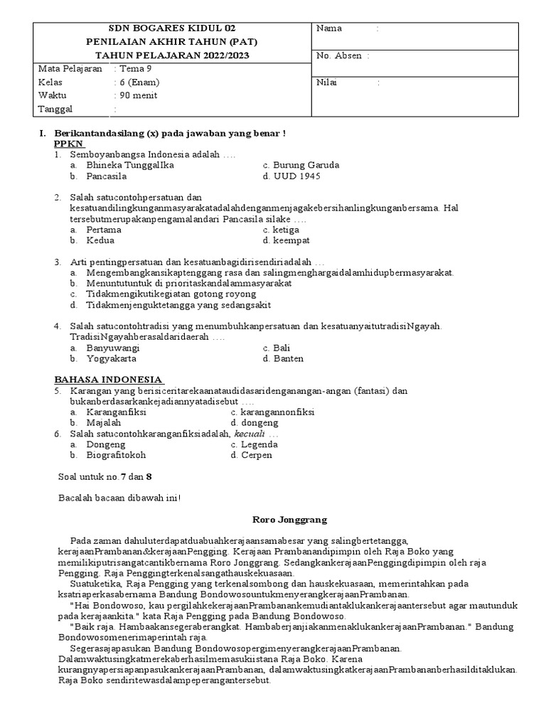 Soal Pas Kelas 6 Tema 9 | PDF