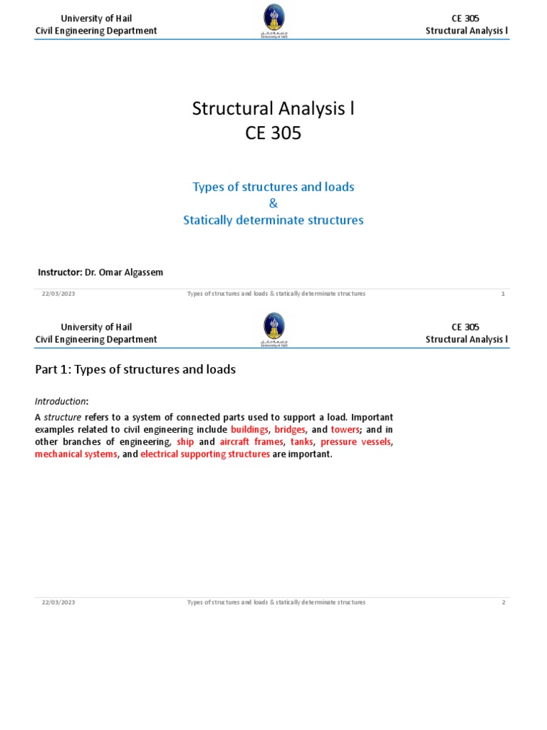 Structural Analysis L CE 305: Types of Structures and Loads & Statically Determinate Structures ...