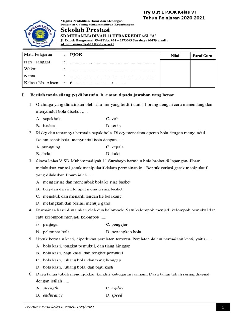 Soal Tryout 1 Pjok | PDF