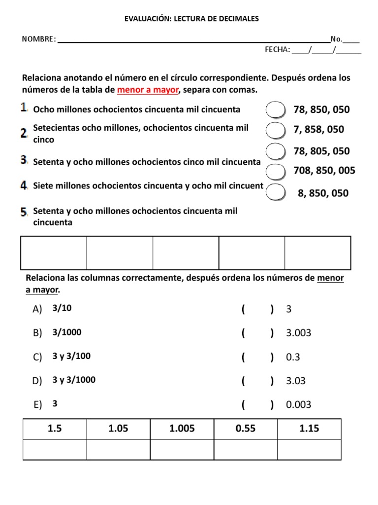 examen de decimales 6° GRADO PRIMARIA | PDF