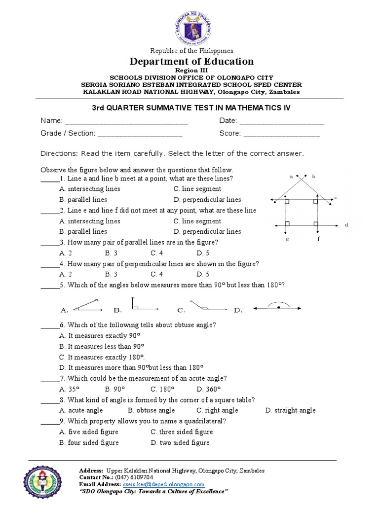 MATH4 3rd QuarterSUMMATIVE TEST JGILES | PDF | Rectangle | Triangle
