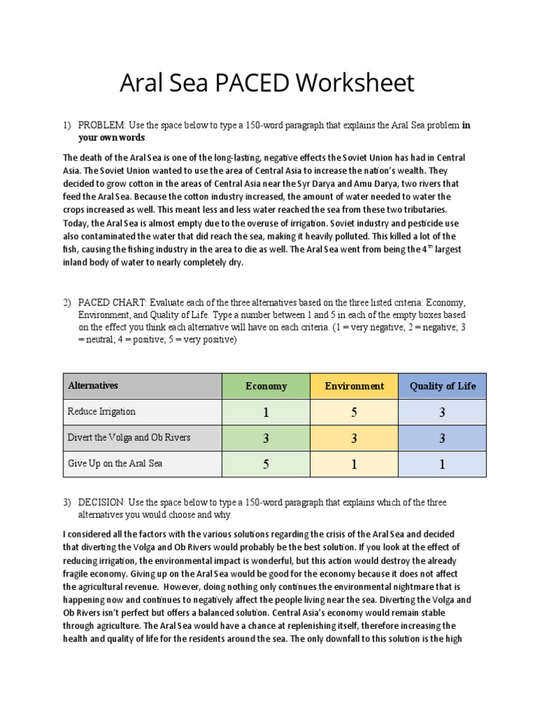 Aral Sea PACED Worksheet | PDF