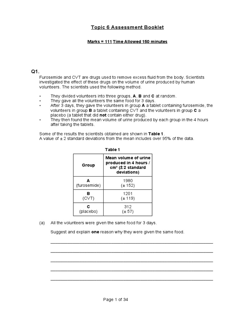 Topic 6 Assessment Booklet | PDF | Chemical Synapse | Neurotransmitter