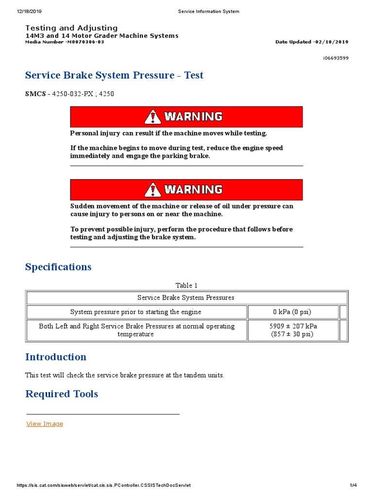Service Brake System Pressure - Test: 14M3 and 14 Motor Grader Machine ...