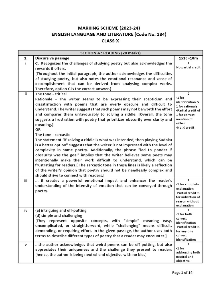 MARKING SCHEME (2023-24) English Language and Literature (Code No. 184 ...