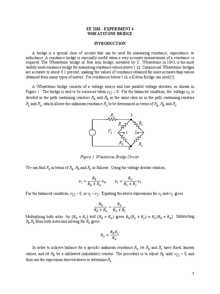 Ee 2101 - Experiment 4 Wheatstone Bridge | PDF | Resistor | Electrical ...