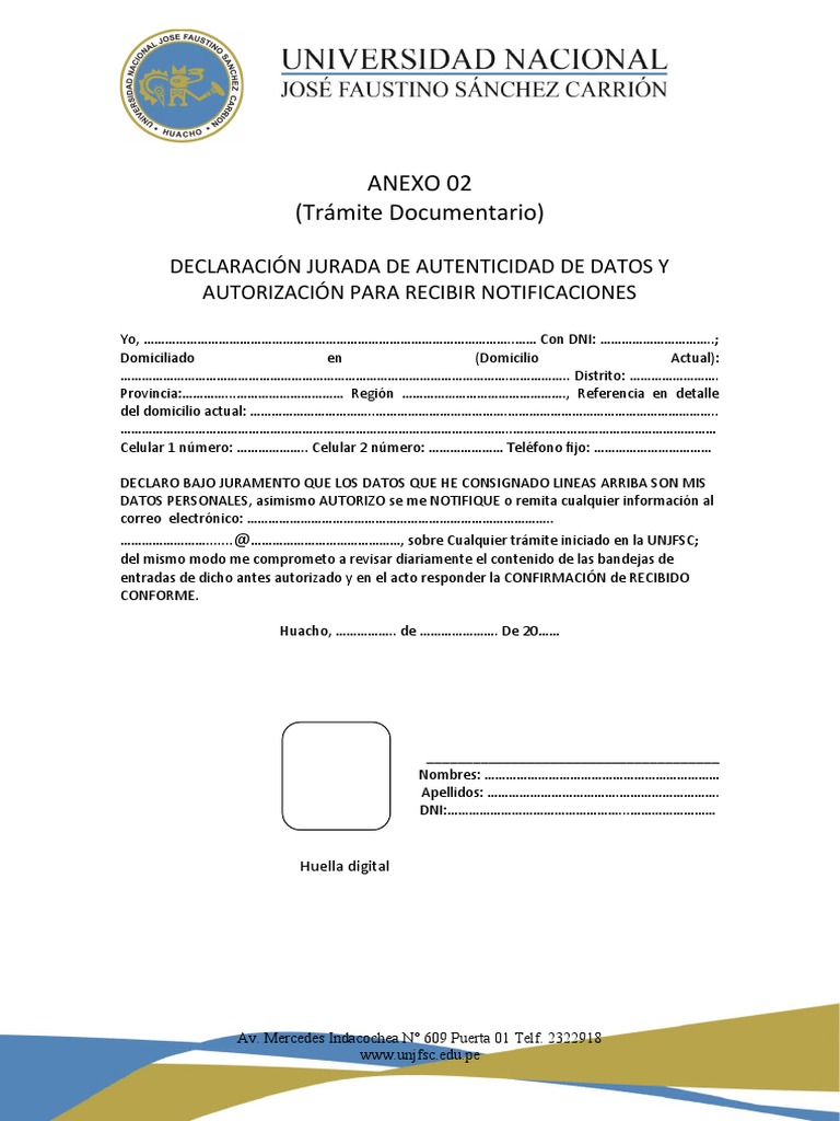 Anexo 02 (Trámite Documentario) : Declaración Jurada de Autenticidad de Datos Y Autorización ...