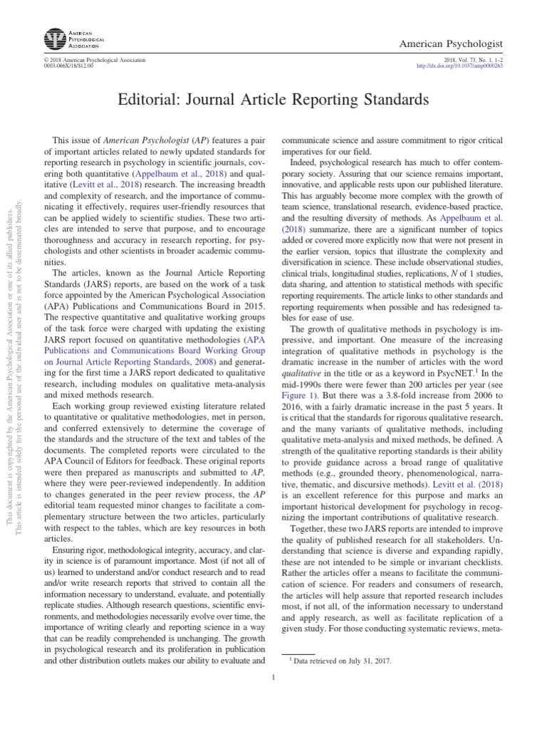 Editorial: Journal Article Reporting Standards: Appelbaum Et Al., 2018 ...