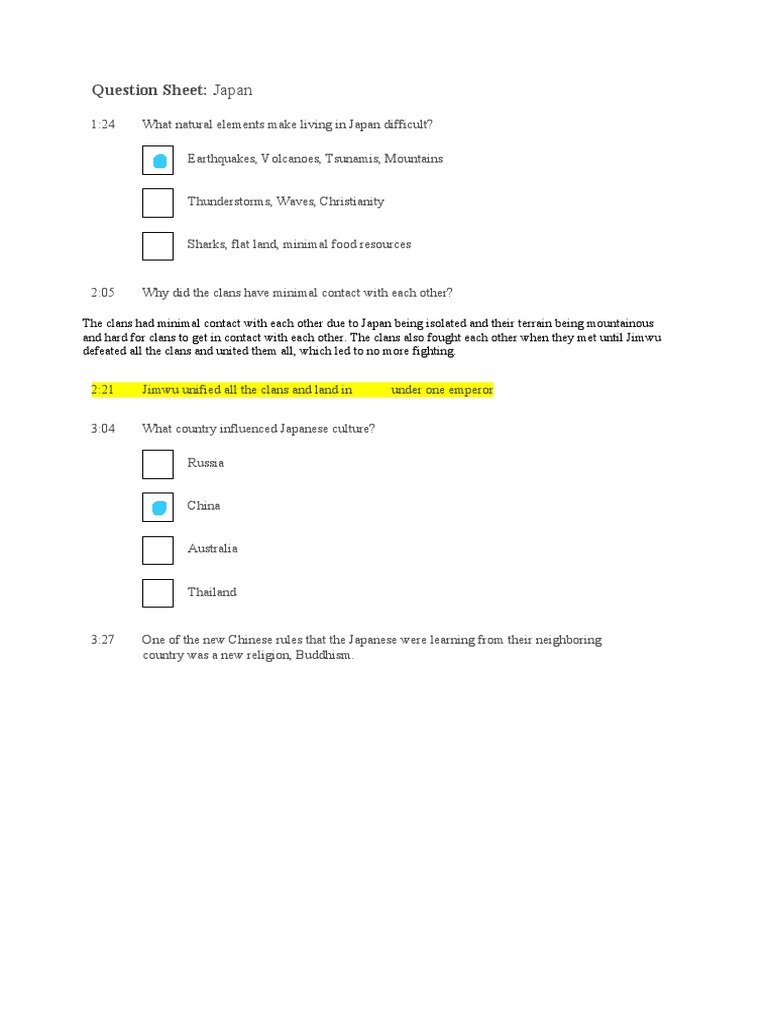Worksheet About Japan Under The Shoguns | PDF