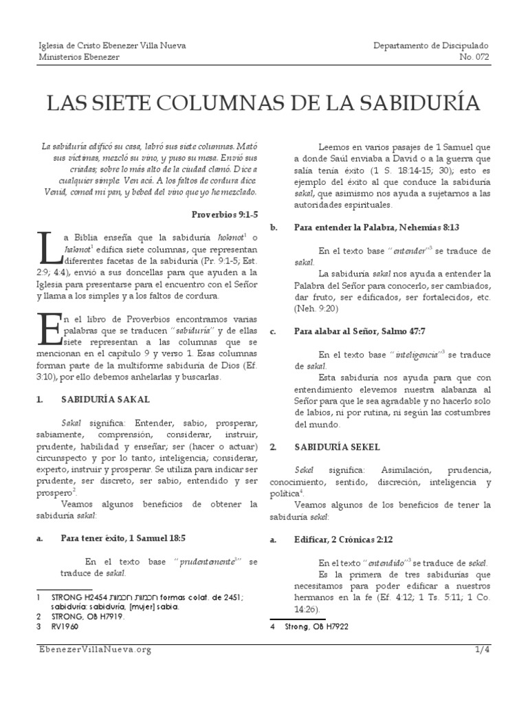 Las Siete Columnas de La Sabiduría: Proverbios 9:1-5 B. para Entender La Palabra, Nehemías 8:13 ...