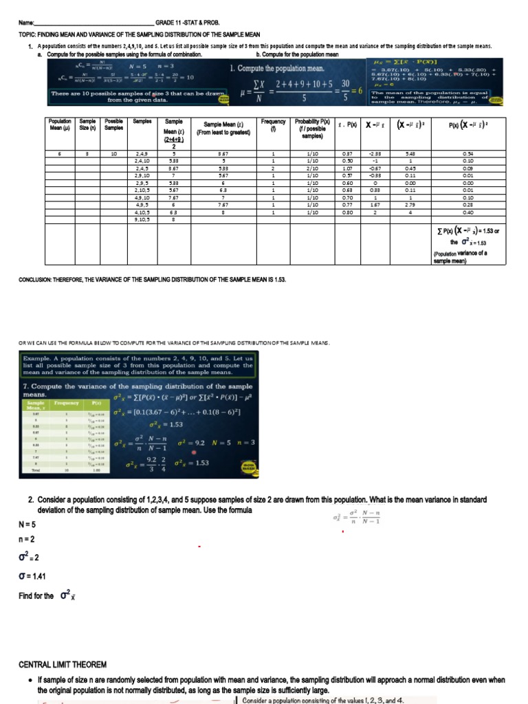 Finding Variance and Mean of Sample Means | PDF | Variance | Normal Distribution