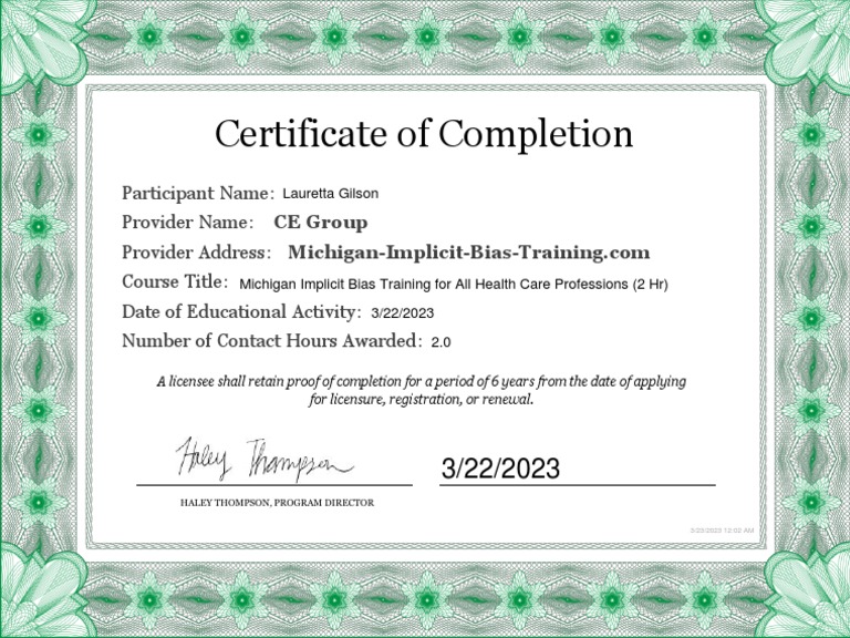 Implicit Bias Training Certificate | PDF