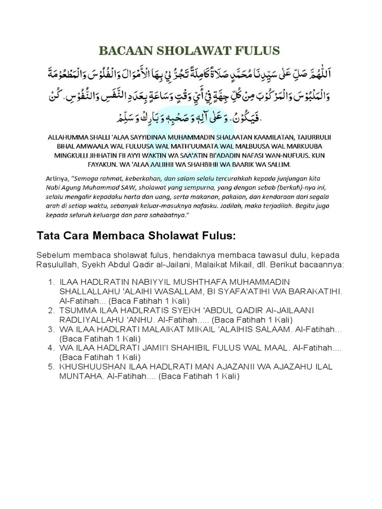 Tata Cara Membaca Sholawat Fulus | PDF | Pengembangan Diri | Agama ...