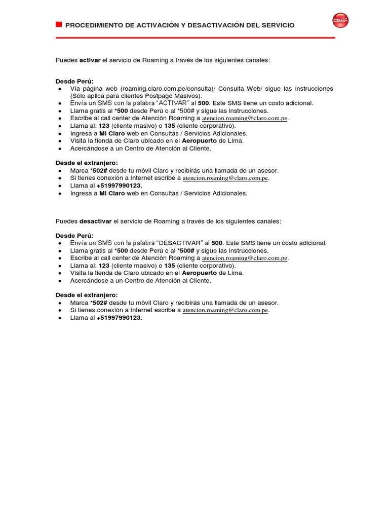 Activación y desactivación de Roaming Claro | PDF | Negocios