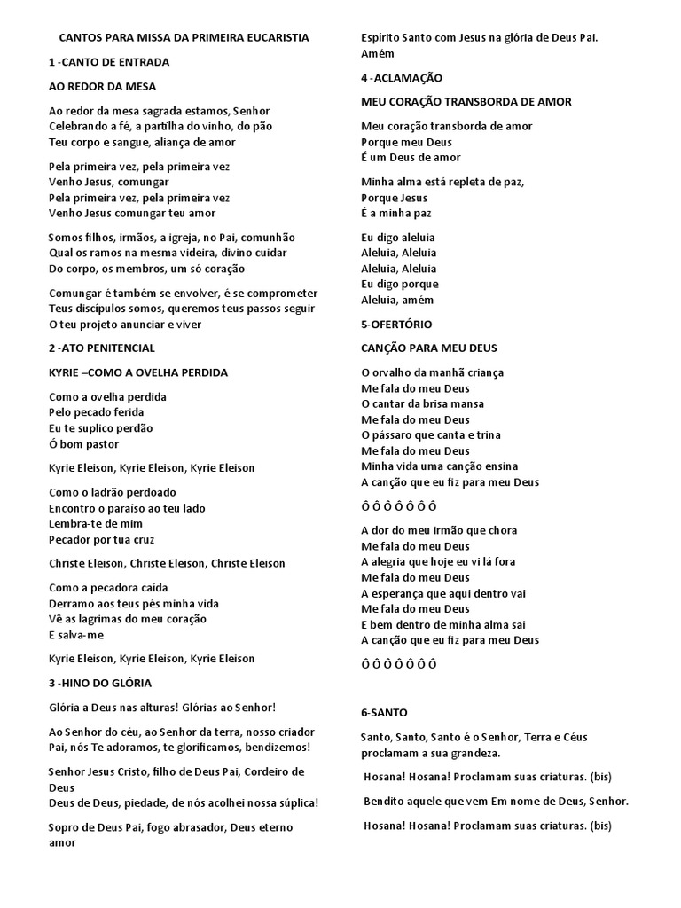 Cantos para Missa de Primeira Eucaristia | PDF | Eucaristia | Amor
