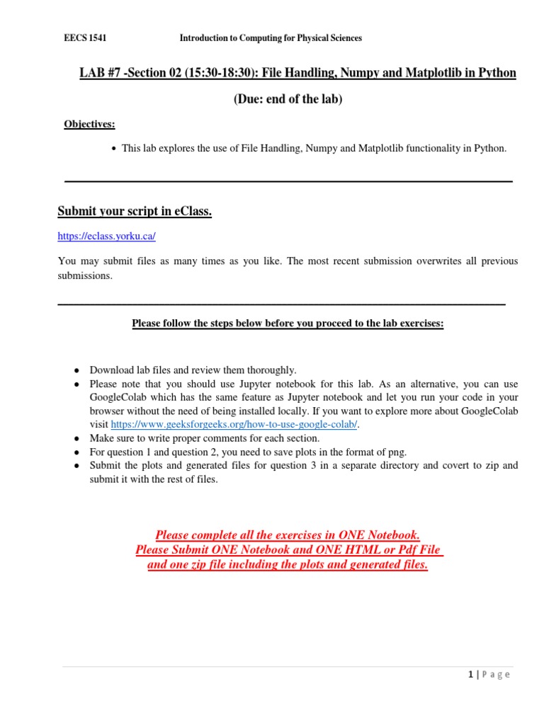 LAB #7 - Section 02 (15:30-18:30) : File Handling, Numpy and Matplotlib in Python (Due: End of ...