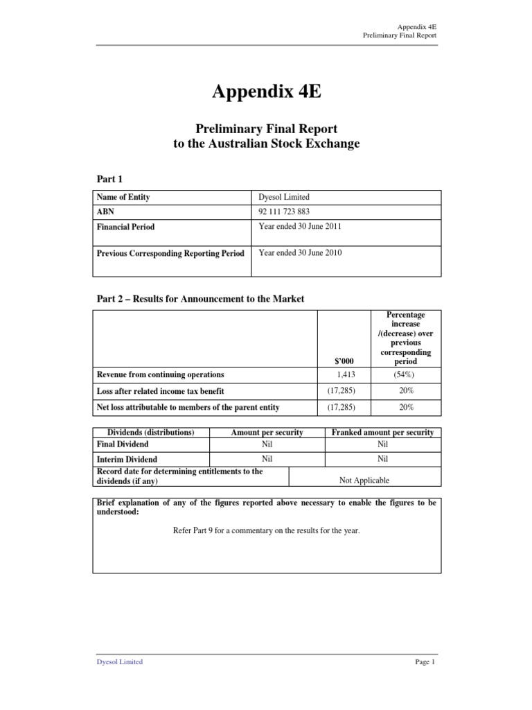 DYE110831 - Appendix 4E - Preliminary Final Report | Dividend | Euro