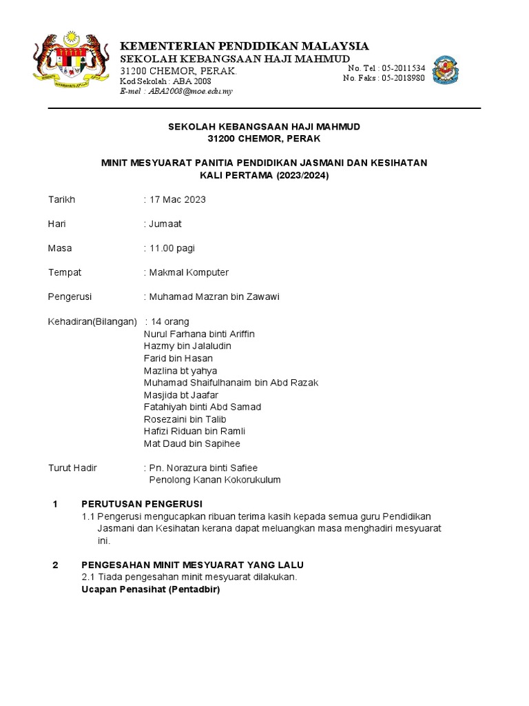 Minit Mesyuarat Panitia PJK Kali Pertama 2023 | PDF