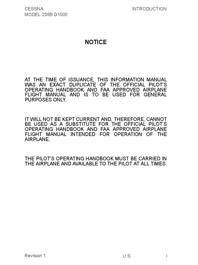Notice: Cessna MODEL 208B G1000 | PDF | Jet Fuel | Airspeed