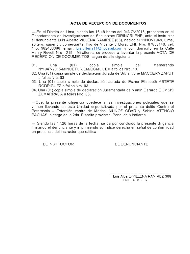 Acta de Recepcion de Documentos | PDF