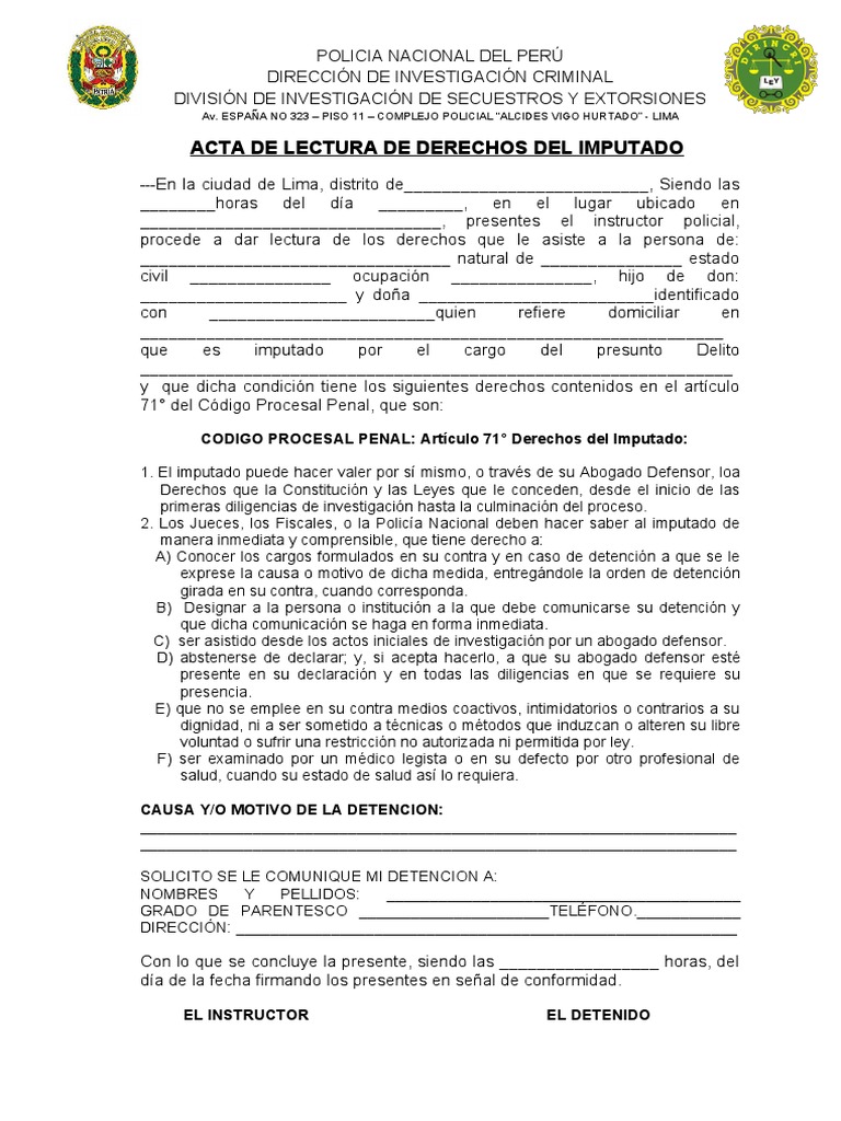 Acta de Lectura de Derecho de Detenido, Identificacion, Acta de Reistro ... Acta de Lectura de Derecho de Detenido, Identificacion, Acta de Reistro ...
