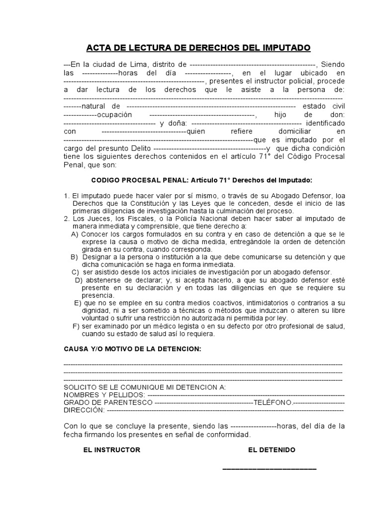 Acta de Lectura de Derecho de Detenido | PDF | Fiscal | Policía Acta de Lectura de Derecho de Detenido | PDF | Fiscal | Policía