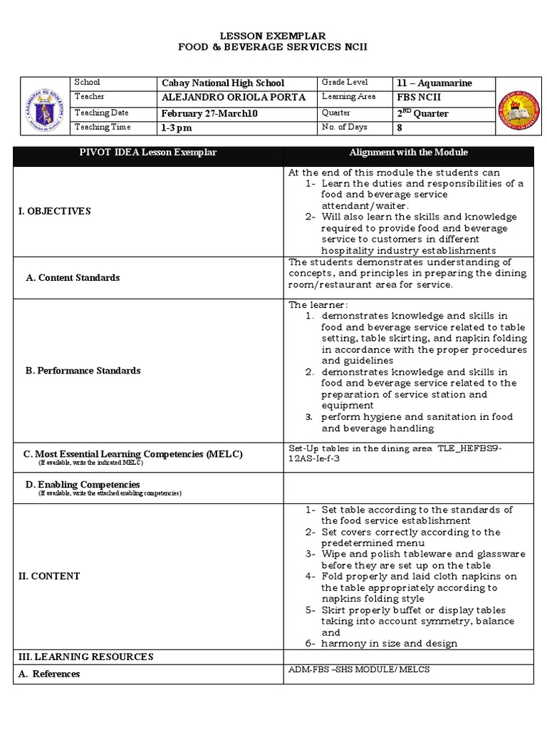 PIVOT IDEA Lesson Exemplar Alignment With The Module | PDF