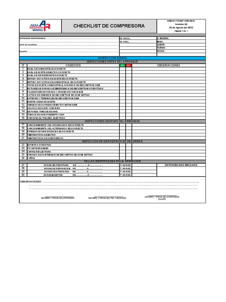 Arm-01-770-807-Reg-0010 Check List de Compresora | PDF | Ingeniería ...