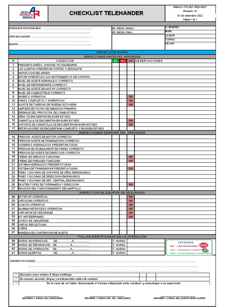 Arm-01-770-807-Reg-0007 Check List Telehandler | PDF | Tecnologías ...